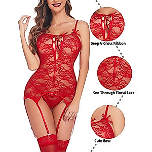 Avidlove Women Lingerie Set with Garters Belts Lace Up Bodysuit Mini Teddy Lingerie Red