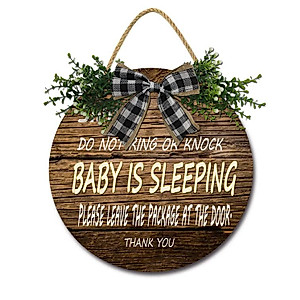 Weytff Baby Sleeping Sign For Front Door Funny Baby Sleeping Hanging Sign Plaque, Do Not Knock Or Ring The Bell, Round Wooden Door Hanger For Baby Room, Nursery, Front Door, Door Knob Decor 11"