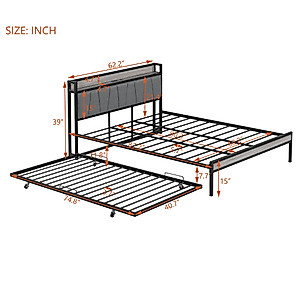 Anwick Metal Platform Bed Frame with Twin Size Trundle, Upholstered headboard, Sockets, USB Ports and Slat Support, No Box Spring Needed