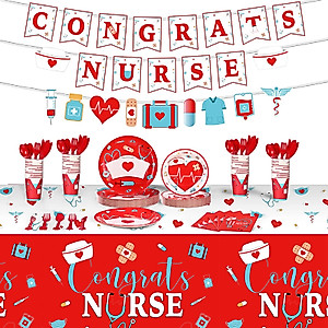 Zubebe 173 Pcs Nurse Graduation Party Supplies Serve 24 Congrats Nurse Banner Dinner Dessert Plates Cups Napkins Tablecloth Nurse Birthday Party Tableware Set for Nursing School RN Graduation Party