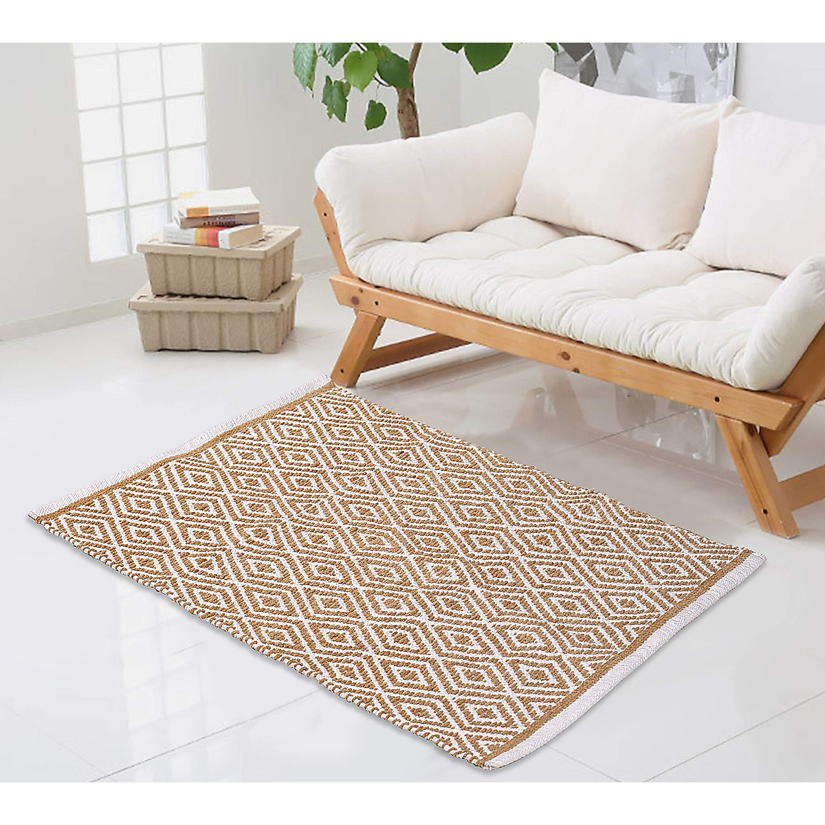THE BEER VALLEY Cotton Diamond Rug 21x34 Inches - Linen, Reversible Machine Washable Accent Rugs for Bedroom, Kitchen, Entryway, Bathroom
