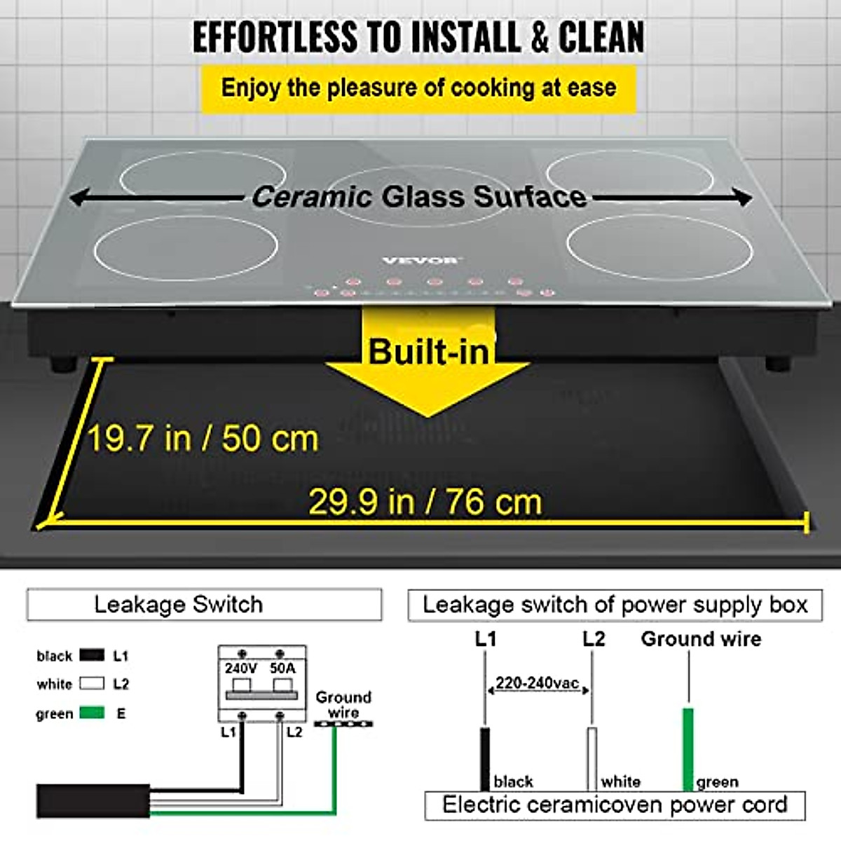 VEVOR Built-in Induction Electric Stove Top 30 Inch,5 Burners Electric Cooktop,9 Power Levels & Sensor Touch Control,Easy to Clean Ceramic Glass Surface,Child Safety Lock,240V