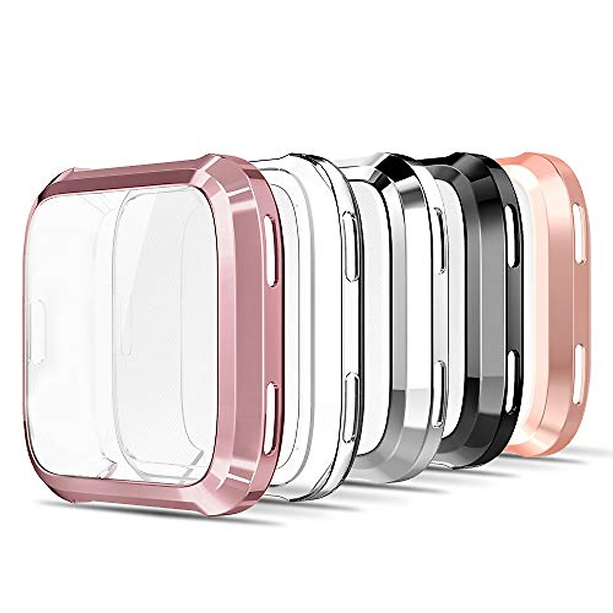 Simpeak 5Pack Soft Screen Protector Bumper Case Compatible with Fitbit Versa Smartwatch, Full Protection, Rose Pink/Clear/Silver/Black/Rose Gold