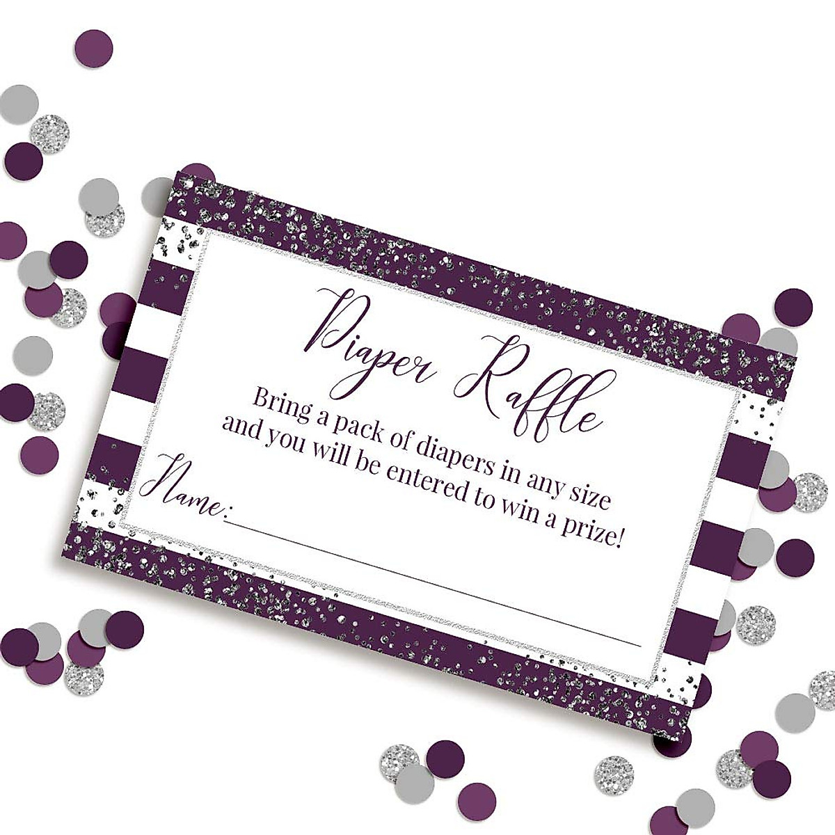 Beautiful Striped Purple & Silver Diaper Raffle Tickets for Girl Baby Showers, 20 2" X 3” Double Sided Insert Cards for Games by AmandaCreation, Bring a Pack of Diapers to Win Favors & Prizes!