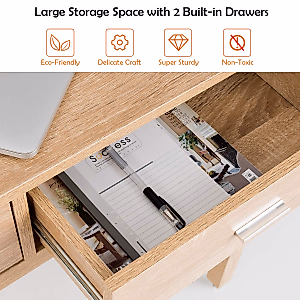 Tangkula Extendable Computer Desk with 2 Drawers, Small Writing Desk with Pull Out Secondary Desk, Console Table, Wood Study Workstation, Laptop Desk for Small Space Home & Office (Natural)