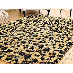 HOMORE Premium Leopard Fluffy Rugs, Leopard Print Rug for Living Room Bedroom,Soft Cheetah Print Rug for Kids Children Room, Faux Animal Printed Carpet for Western Decor,3x5 Feet Black and Khaki