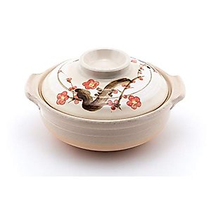 Japanese Sakura Donabe Ceramic Hot Pot Casserole 72 oz Earthenware Clay Pot Serves 3-4 People Made In Japan