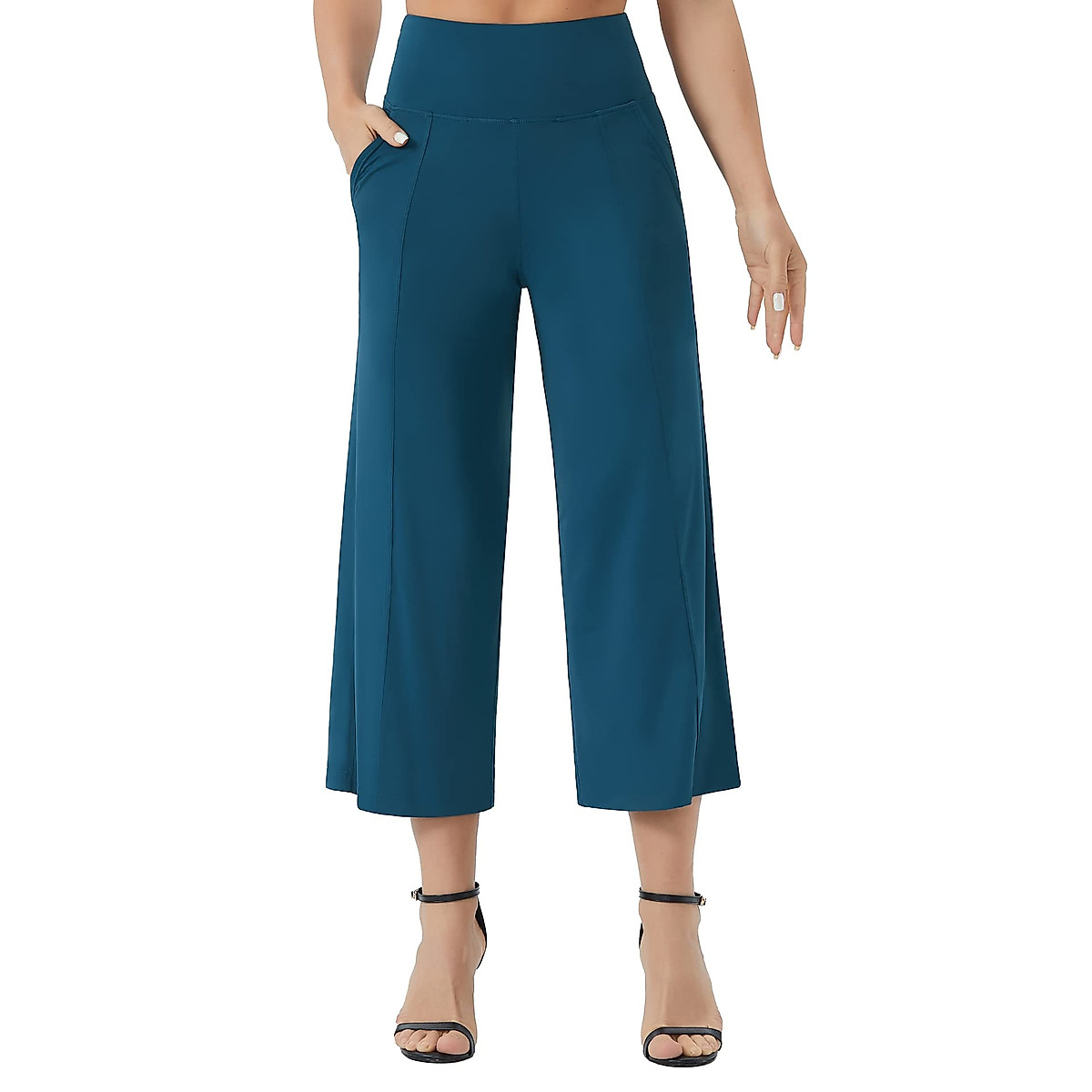 THE GYM PEOPLE Bootleg Yoga Capris Pants for Women Tummy Control High Waist Workout Flare Crop Pants with Pockets Dark Blue Green