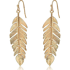 Humble Chic Floating Feathers Dangle Earrings - Long Hanging Metal Link Leaf Drops, Gold