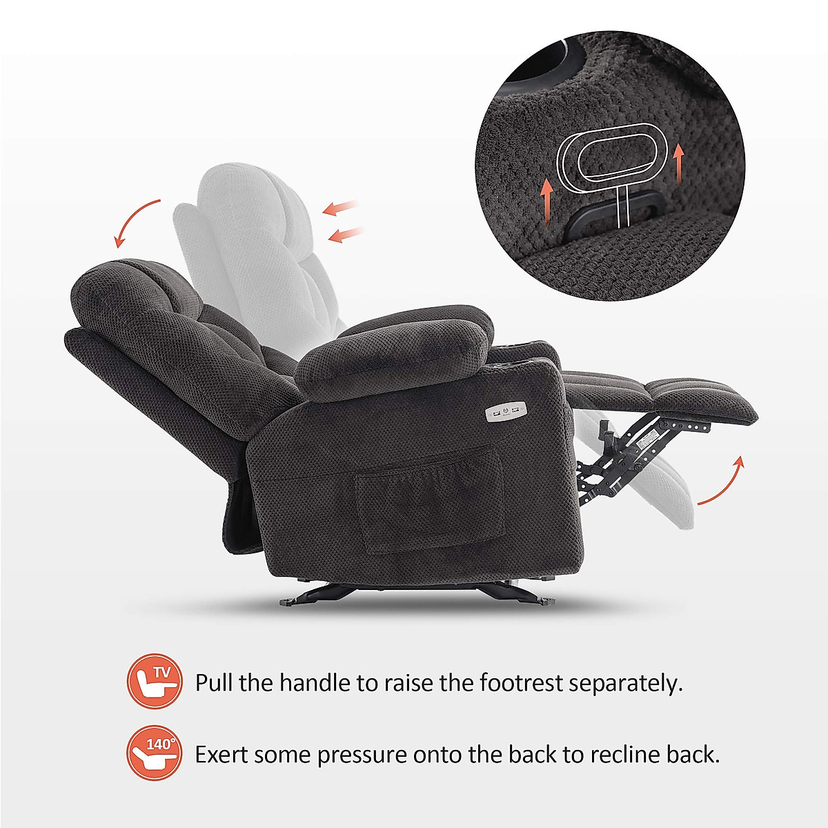 MCombo Manual Glider Rocker Recliner Chair with Cup Holders for Nursery, USB Ports, 2 Side & Front Pockets, Plush Fabric 8002 (Grey Fabric)