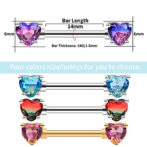 Excepro 2PCS 14G Nipple Rings 316L Surgical Stainless Purple Heart CZ Nipple Piercing for Women Nipple Barbells Nipple Piercings Body Jewelry