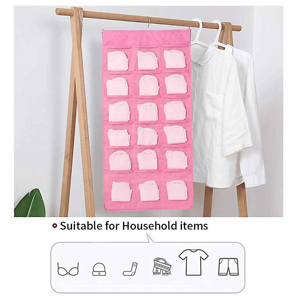 Hanging Closet Organizer, Dual-Sided 30 Pockets Wall Shelf Wardrobe Storage Bags for Underwear, Stocking, Bra and Sock, Mesh Pocket with Metal Hanger - Pink