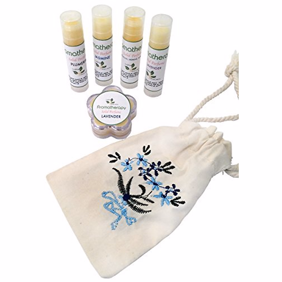 Travel Size Solid Perfume Kit - Lavender, Lavender Vanilla, Patchouli+Jasmine+Tangerine, Passion Fruit & Plumeria, Jasmine - Set of 5 Natural Fragrances, Embroidered Cotton Bag