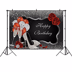 Sliver and Black Happy Birthday Backdrop Glitter Sequin High Heels Champagne Glasses Red Rose Balloons Adults Women Party Photography Background Old Age Party Decorations Supplies Banner