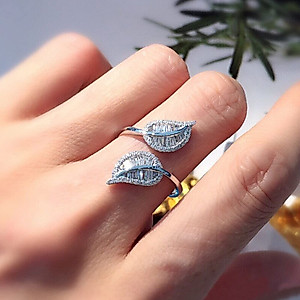 Vsoruln Diamond Leaf Ring for Women Wedding Band Sterling Silver Twisted Olive Branch Leaf Simulated Round Brilliant Adjustable Open Zircon Ring Promise Wedding Band