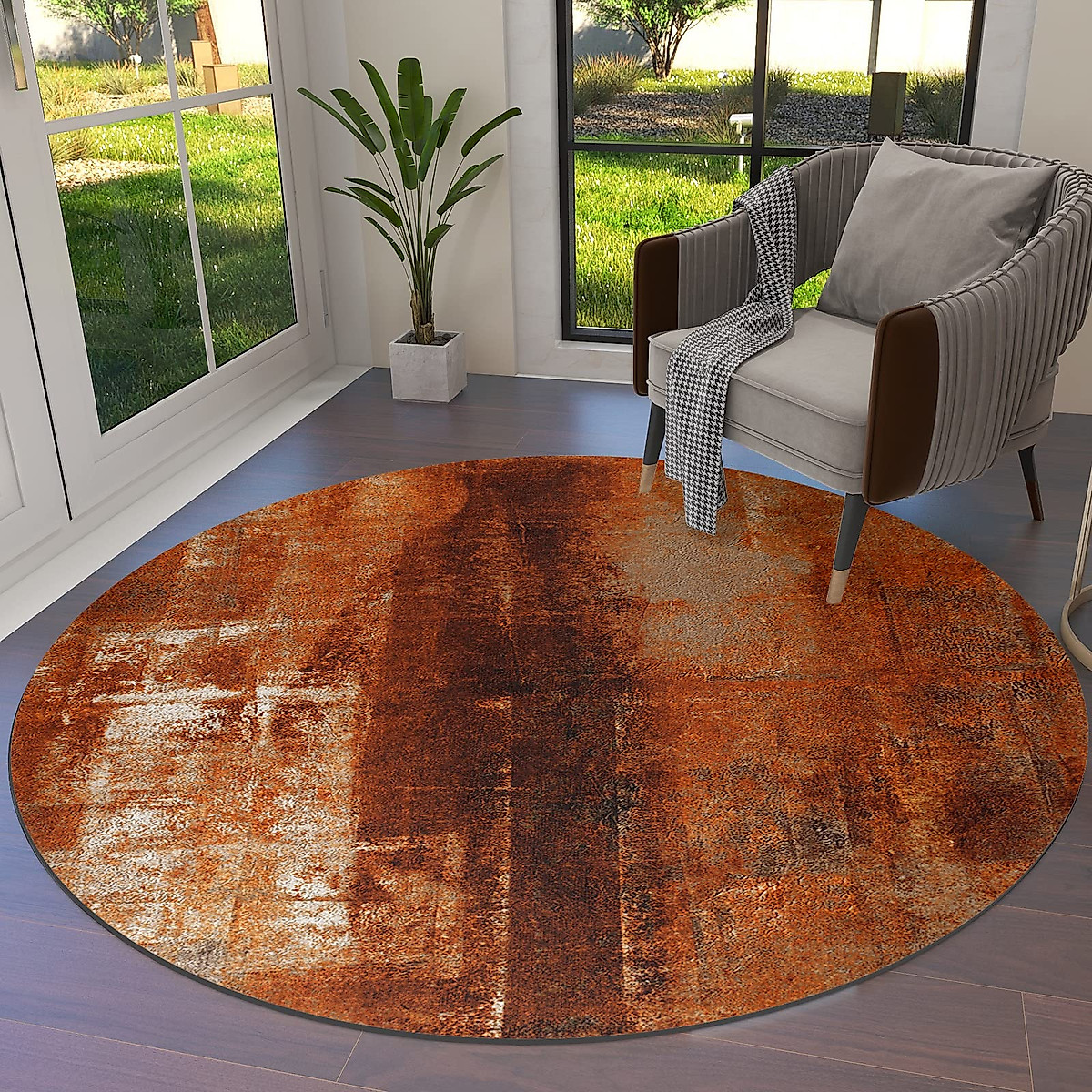 Round Area Rugs Collection 4 Ft, Burnt Orange Non-Slip Residential Carpet, Modern Abstract Geometric Art Oil Painted Indoor Crawling Mats Runner Rugs for Living Room/Dining Room/Bedroom