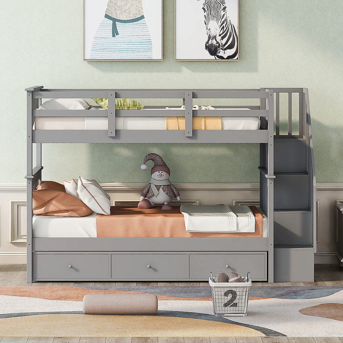 Harper & Bright Designs Twin Over Twin Bunk Beds with Storage Drawers and Stairs Wood Bunk Bed Frame for Kids Boys Girls Teens, Gray