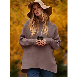 Caracilia Women Turtleneck Batwing Sweaters Oversized Tunic Sweater 2023 Fall Turtleneck High Low Sweater Pullover Knit Jumper Winter Clothes C8A7-doukou-L Brown