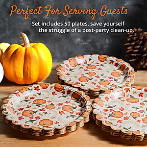 Confettiville Thanksgiving Paper Plates, 50-Count Disposable Thanksgiving Dinner Plates, Scalloped, Party Supplies, Pumpkins, Pale Yellow
