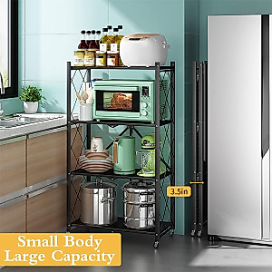 4-Shelf General Purpose Collapsible/Foldable Shelving Unit, Sturdy Storage Rack with Caster Wheels. 4-Tier Organizer, Laundry/kitchen storage shelves, Heavy Duty Metal Frame, No Assemble Needed, White