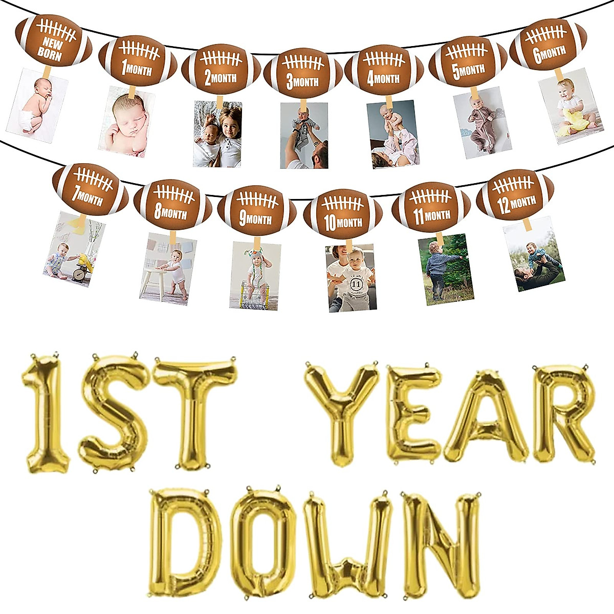 Football 1st Birthday Monthly Photo Banner Football Theme First Year Photo Banner for Newborn to 12 Months, First Year Down Banner With Football Balloon, Football First Birthday Party Decoration