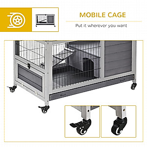 PawHut Wooden Rabbit Hutch Indoor Outdoor, Elevated Bunny Cage with No Leak Tray Enclosed Run with Wheels, Ideal for Guinea Pigs and Small Animals, Gray