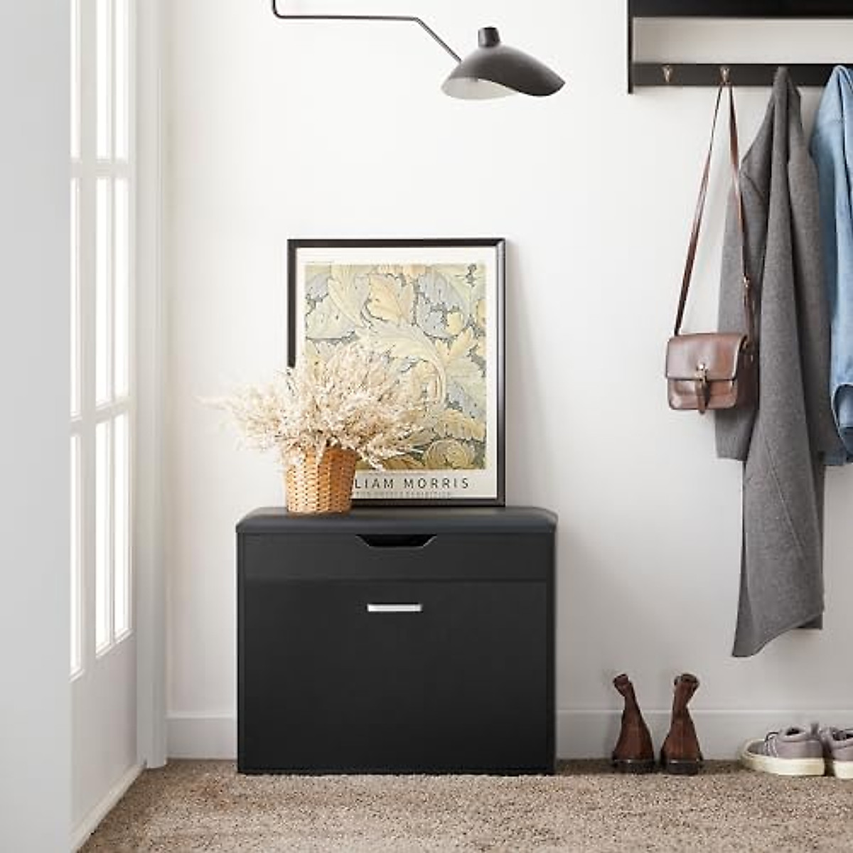 SoBuy Entryway Shoe Bench Shoe Cabinet with Folding Padded Seat & Flip-Drawer, Narrow Shoe Rack, Black, FSR95-SCH