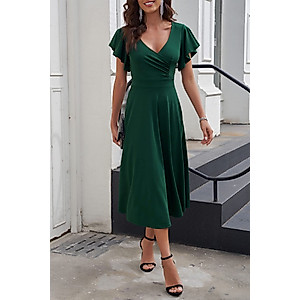 PRETTYGARDEN Women's Summer Midi Dress Ruffle Cap Sleeve V Neck Cocktail Party Swing A Line Fit and Flared Dresses (Dark Green,X-Large)