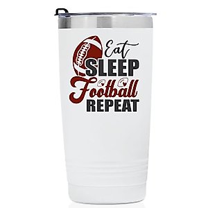 Onebttl Football Lovers Gifts, Funny American Football Gifts for Coach, Men, Dad on Birthday Christmas, 20oz Stainless Steel Tumbler, White, Eat Sleep Football Repeat