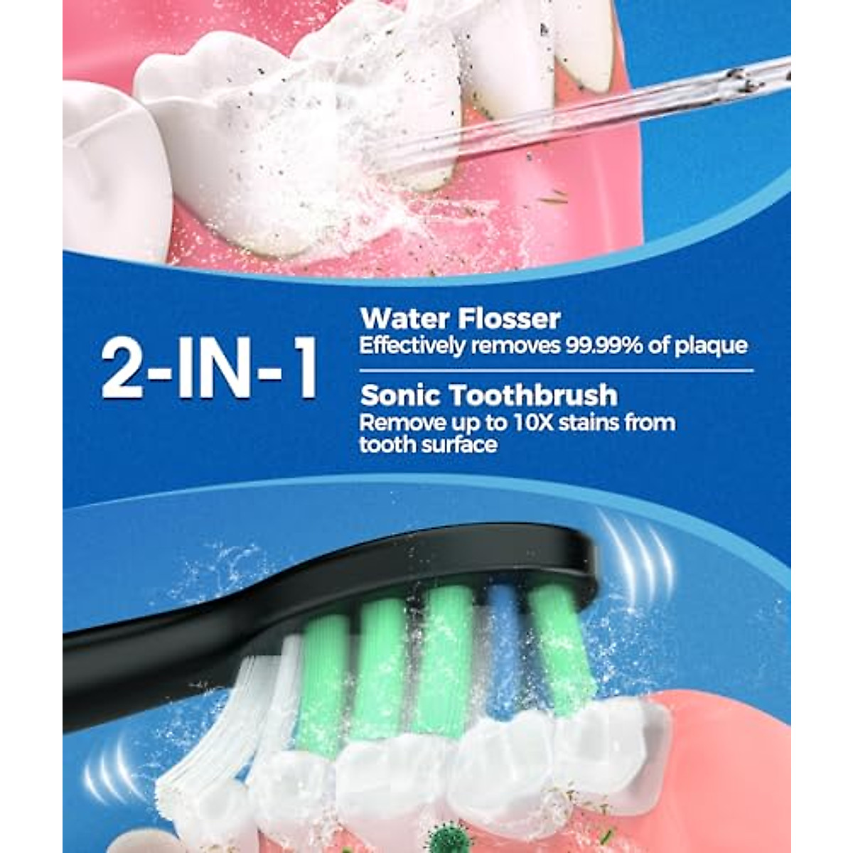 Electric Toothbrush with Water Flosser,600ML Oral Irrigator Water Flosser with 7 Jet Tips,10 Adjustable Water Pressure,Sonic Electric Toothbrush with 2 Brush Heads,5 Modes(Black)