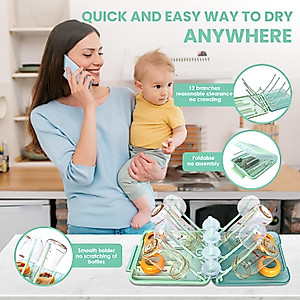 Rrwin Bottle Brush Cleaner Kit with Baby Bottle Drying Rack, Exendable Silicone Bottle Brush, Nipple Brush, Straw Brush, Soap Dispenser & Storage Box. Compact Size for Babies and Moms,Orange