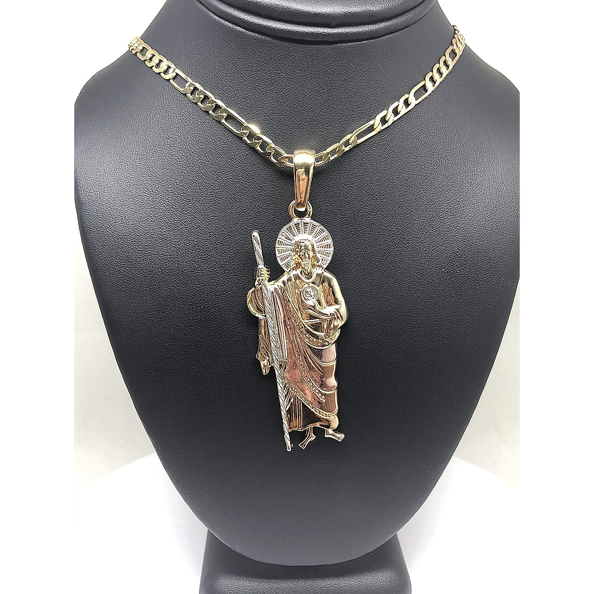 Big Saint Jude Pendant Necklace Figaro 26" San Judas Tadeo XL Tres Colores Medalla Con Oro Laminado