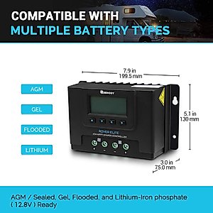 Renogy 40A 12V/24V Auto MPPT Solar Charge Controller with LCD Backlit Display w/ Temp Sensor Fit for Gel Sealed Flooded and Lithium Battery, Rover Elite 40A