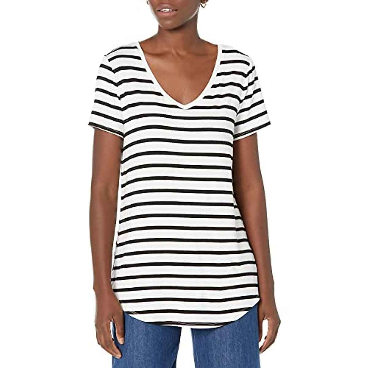 Amazon Essentials Women's Relaxed-Fit Short-Sleeve V-Neck Tunic (Available in Plus Size), White, French Stripe, X-Large