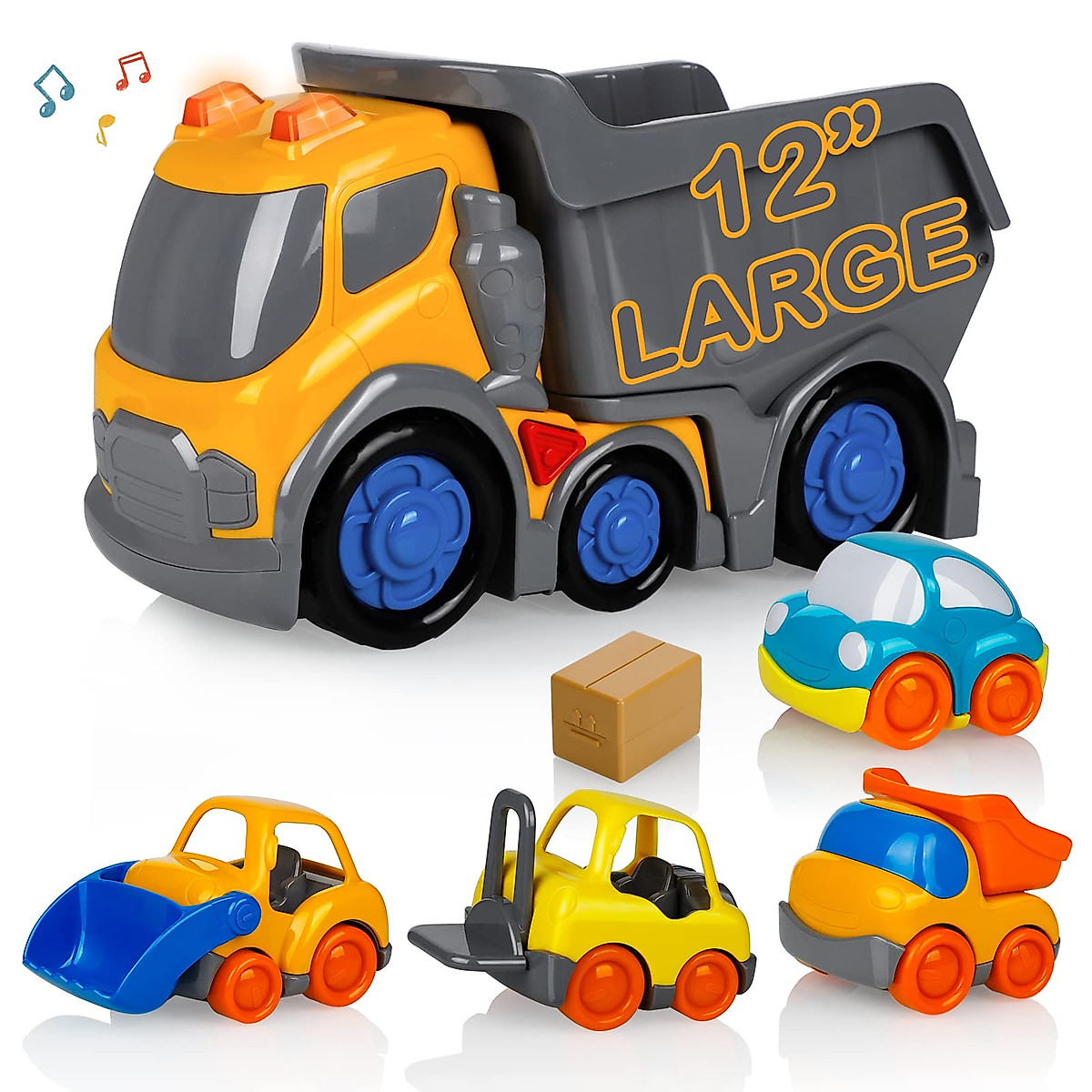 Car Toys for 2 3 4 5 Years Old Toddlers Boys and Girls,12‘’ Big Dump Truck with Light and Sound, Push and Go Small Bulldozer Forklift truck, Vehicles Playset for Christmas Birthday Gift