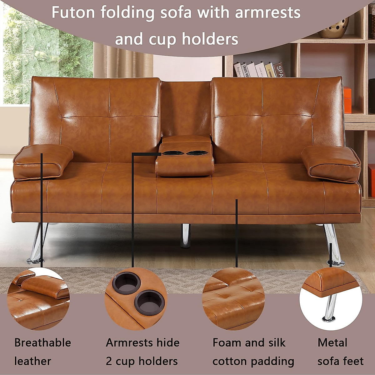 Convertible Futon Couch Sofa Bed, Modern Sleeper Leather Sofa Bed with Adjustable Back and 2 Cup Holders, Folding Loveseat Daybed Guest Bed for Living Room, Apartment, Office (Tan)