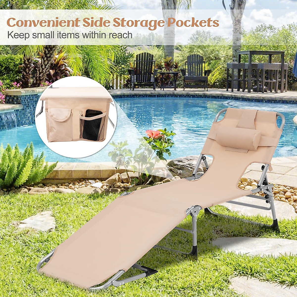 Moccha Folding Tanning Chair, Beach Lounger with Face Hole, 5-Position Adjustable Backrest, Side Pocket, Removable Pillow, Portable Bench Lounge Chairs for Outside Patio Pool Lawn (1, Beige)
