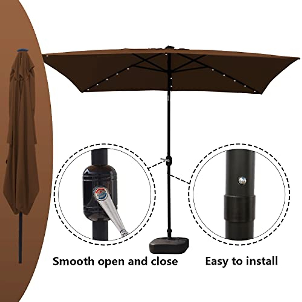 SUNLAX LED Rectangle Patio Umbrellas, 6.5x10ft Market Table Umbrella with Solar Powered Lights-Brown