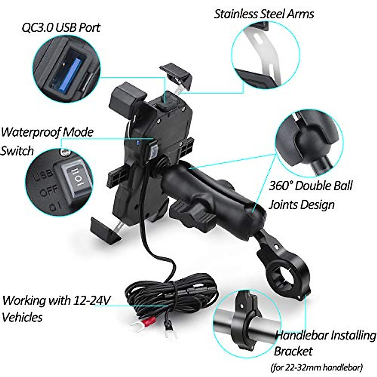 iMESTOU Auto Clamping Motorcycle Phone Mount Charger Wireless qi & USB Quick Charging 2 in 1 Handlebar Cell Phone Holder 9CM Stem 1" Ball Mount 720 Rotation Quick Release for 3.5-6.8 Inch Smartphone