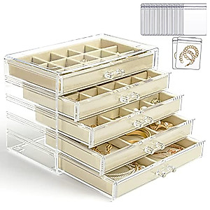 KAMIER Acrylic Jewelry Organizer,5 Layers Clear Acrylic Jewelry Box for Women,20 Pcs Portable Clear Jewelry Bag Set,Velvet Earring Display Holder for Earrings Ring Bracelet Necklace,Beige