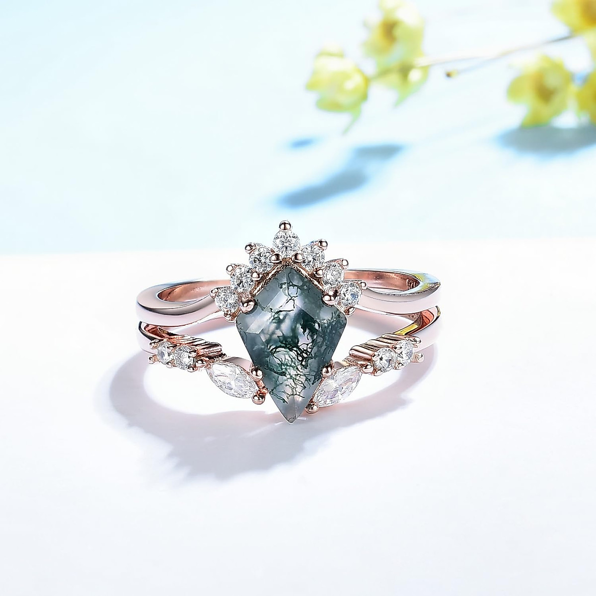 Natural Moss Agate Gemstone Genuine 925 Sterling Silver Ring for Women Kite Cut Women's Ring Set for Engagement Silver 925 Jewelry (Rose Gold Plated Silver, 8)
