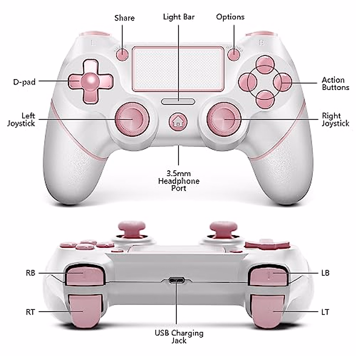AceGamer 2 Pack Wireless Controller for PS4, Thumb Caps Included! (Gold-Skull and Pink-White)