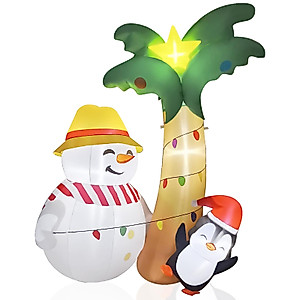7FT Outdoor Inflatables Palm Tree,Funny Outdoor Inflatable Tree Hawaiian Snowman and Penguin Lighted,Cute Holiday Blow Up Outside Yard Decoration