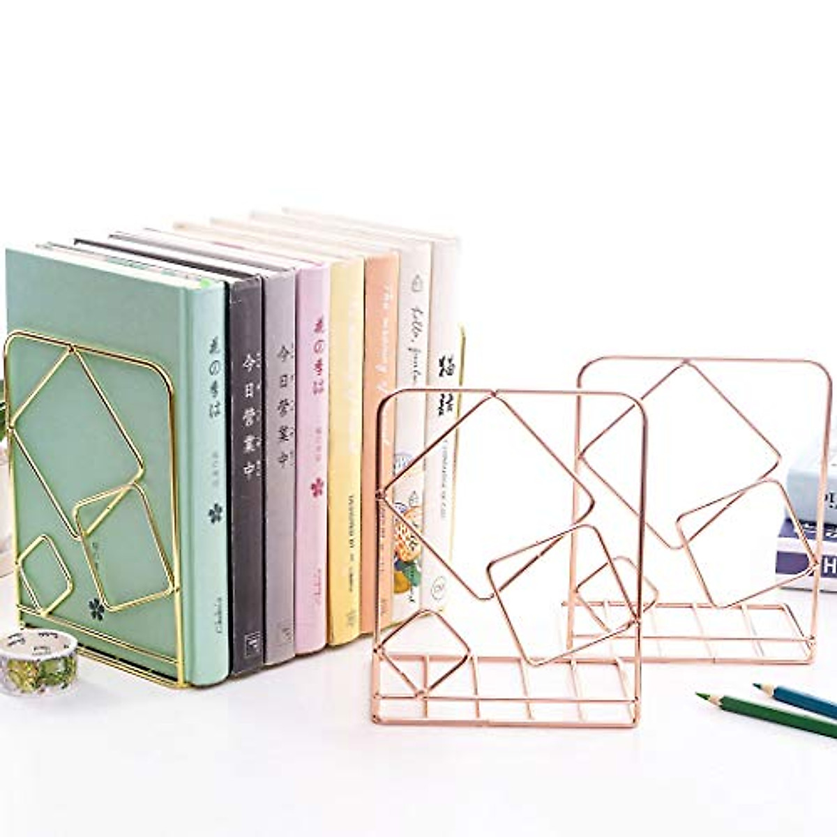SIPLIV Creative Minimalist Style Bookends Metal Adjustable Books Holder Stand Book Rack Desk Bookend - Cude, Rose Gold