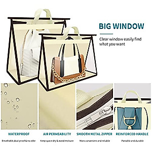 YSYJ Dust Bags for Handbags, 9 Pack Purse Storage Organizer for Closet, Clear Handbag Organizer Purse Dust Cover Closet Hanging Organizer Bag with Zipper & Handles (Cream)