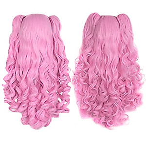 MapofBeauty 28"/70cm Lolita Long Curly Clip On Ponytails Cosplay Wig(Pink)