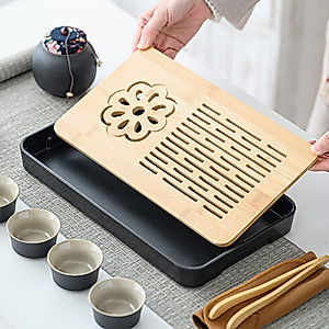 ICHAG Asian tea set |Kungfu tea sets |Ceramic Portable tea set |tea sets for adult |13-piece withgrey leather case |Tea set gift for Home, Outdoor, Business (Ceramic-Black teaset)