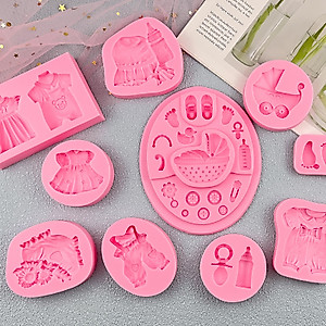 Baby Showers Fondant Molds 4 Pcs, Bottle Stroller Skirt Chocolate Cake Decoration Silicone Mold for DIY Candy Sugar Craft, Cookies, Marzipan, Flower Paste, Dough, Resin, Clay