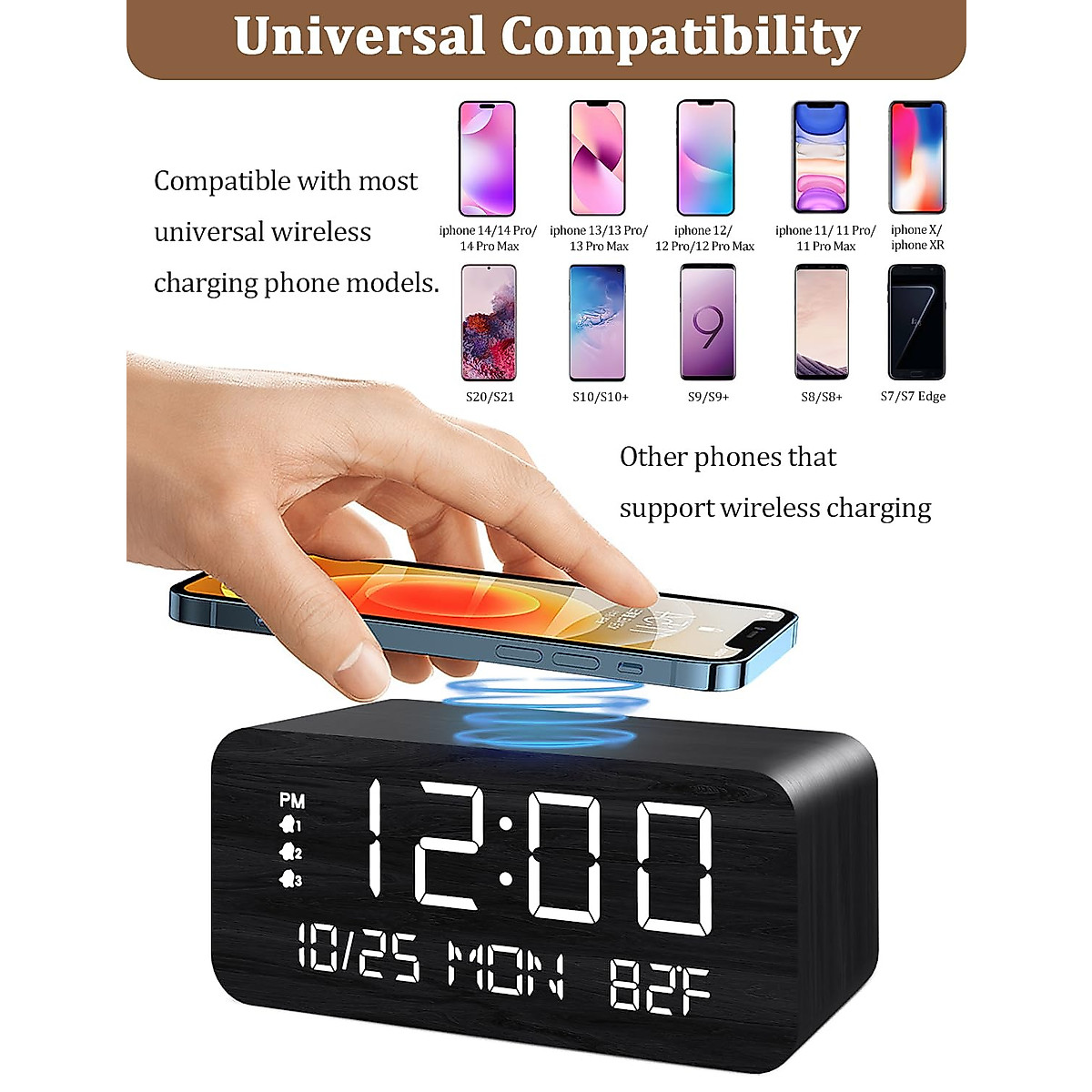 Digital Alarm Clock, with Wooden Electronic LED Time Display, 3 Alarm Settings, 10W Wireless charging, Day of the week, Temperature Detect, Wood Made Digital Clocks for Office, Bedroom, Bedside, Black