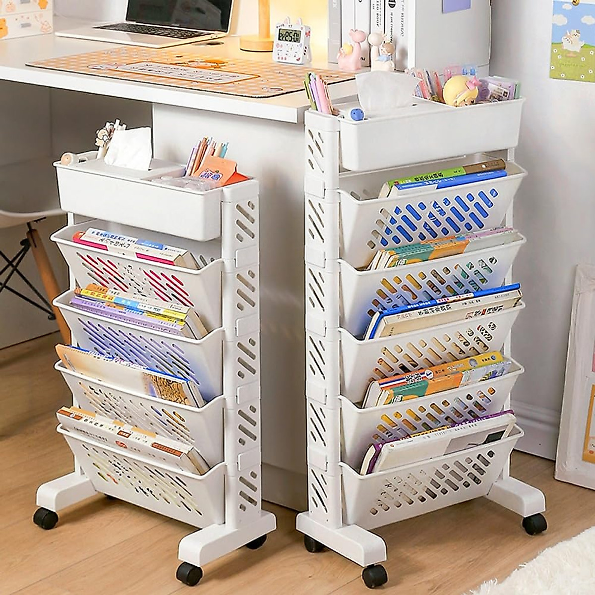 Mobile Bookshelf with Wheels,Moveable Bookshelf Organizer,Multilayer Capacity for Home 6 Tier Rolling Book Cart for Office & Classroom